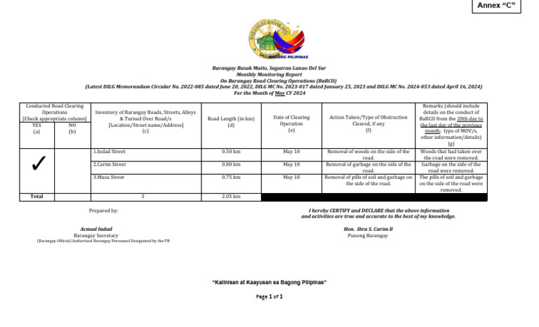 Annex C - Barangay BaRCO Monthly Monitoring Report Template With PBs Certification | PDF