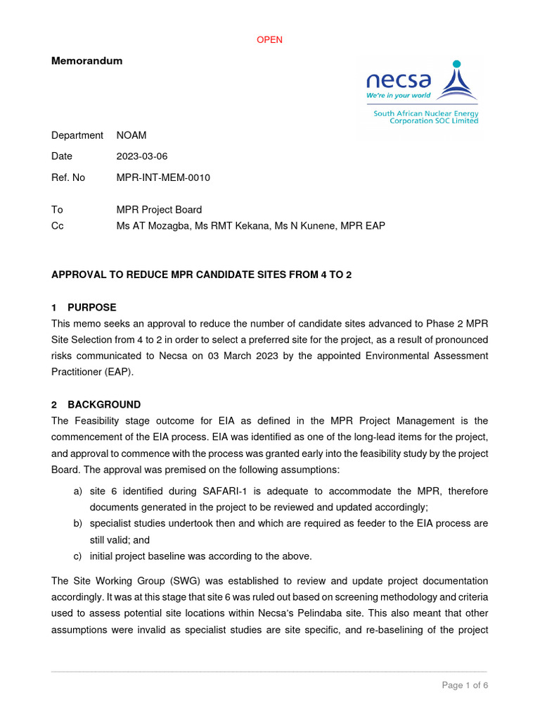 Mpr-Int-Mem-0010 Approval To Reduce MPR Candidate Sites From 4 To 2 ...