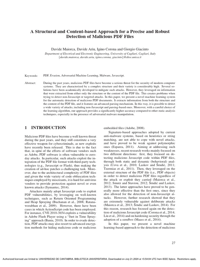 A Structural and Content-Based Approach For A Precise and Robust Detection of Malicious PDF ...