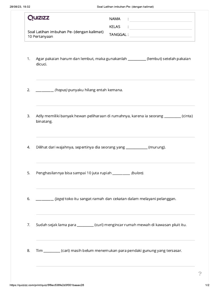 Soal Latihan Imbuhan Pe - (Dengan Kalimat) | PDF