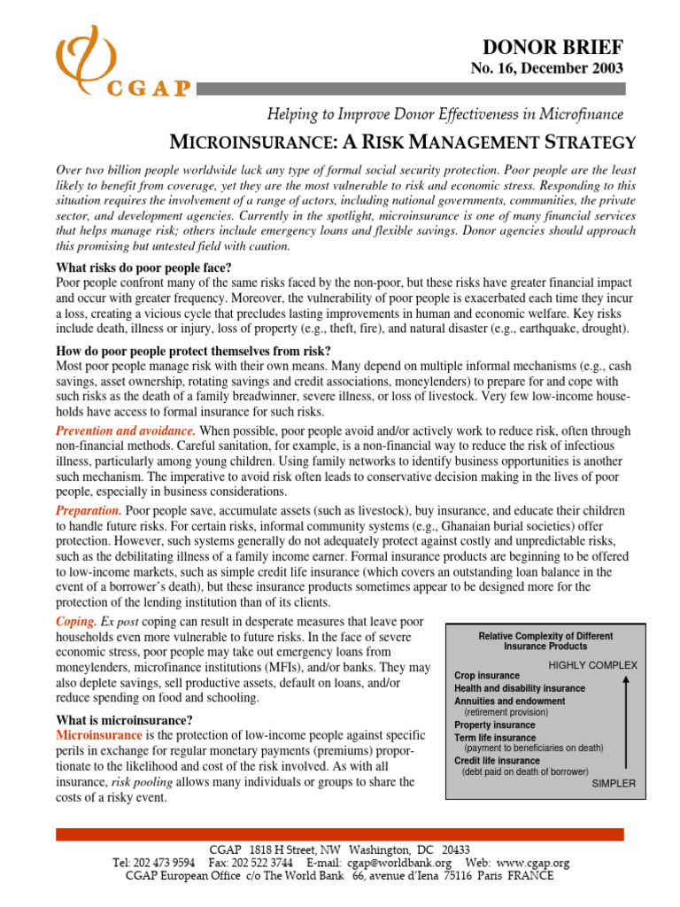 CGAP Donor Brief Microinsurance A Risk Management Strategy Dec 2003 ...