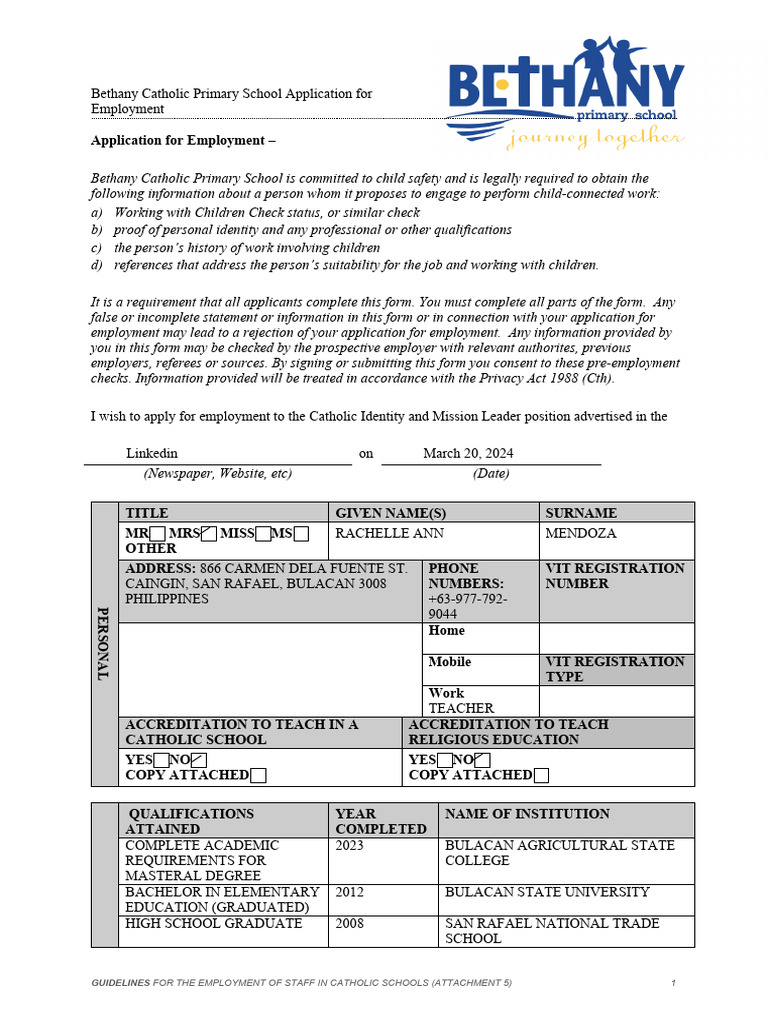 Employment Application for Catholic School | PDF | Lesson Plan | Teachers