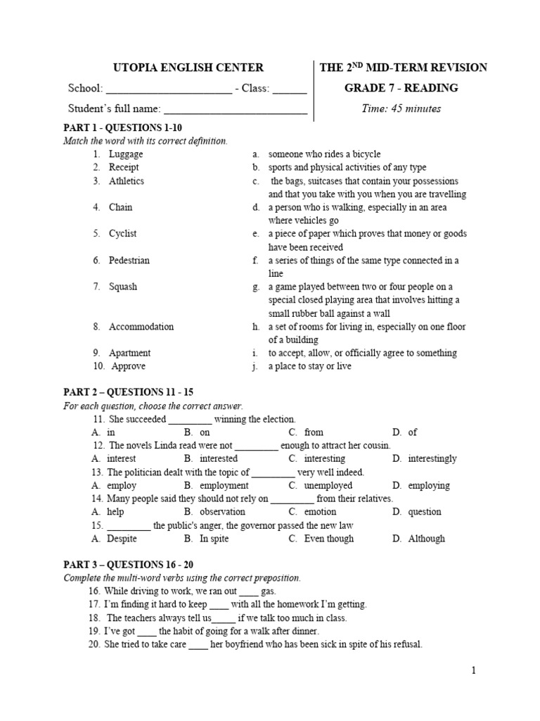 G7 - Mid-Term Reading Test | PDF