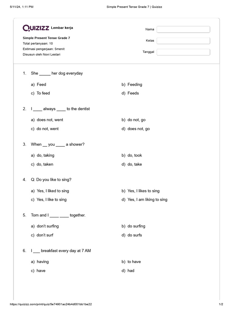 Bahasa Inggris New Simple Present Tense Grade 7 - Quizizz | PDF ...