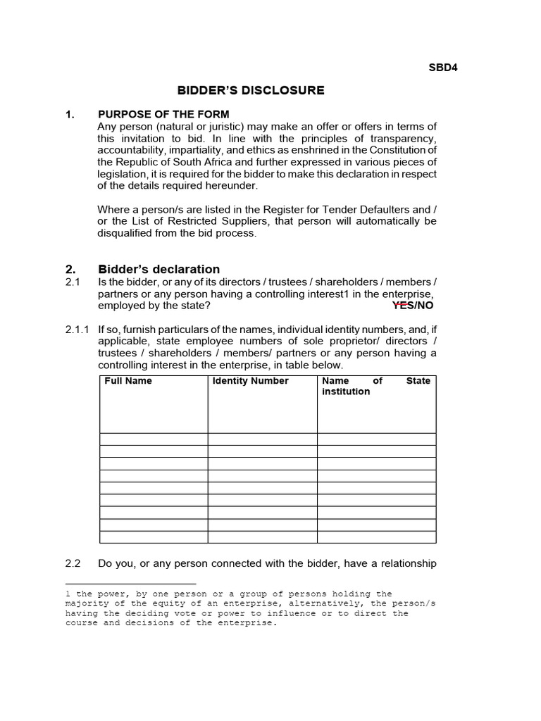 SBD 4 Bidder's Disclosure Form 2023 | PDF | Government | Business