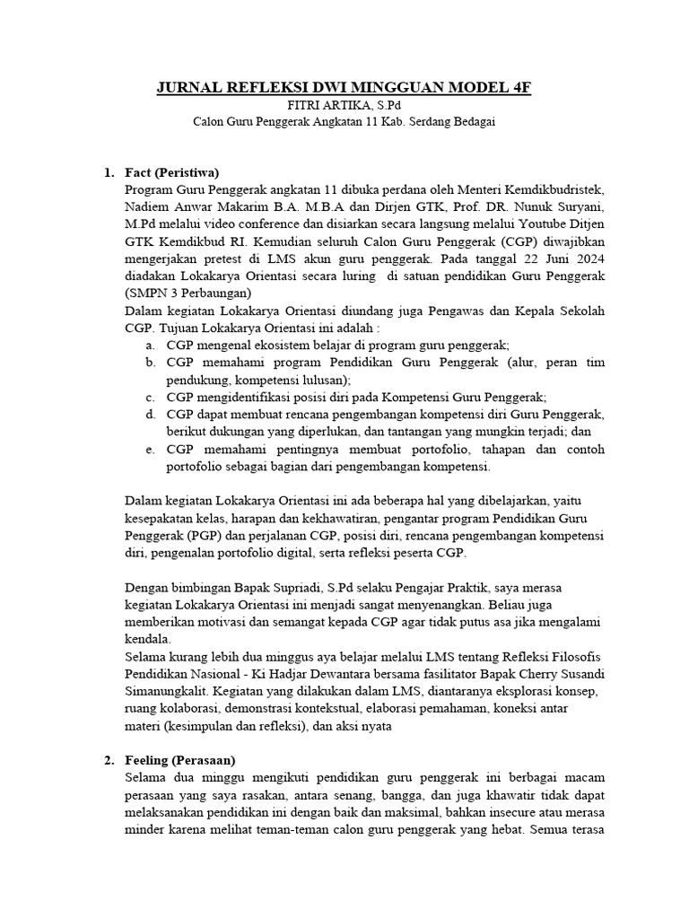 Jurnal Refleksi Dwi Mingguan Model 4F - Fitri Artika | PDF | Karier ...