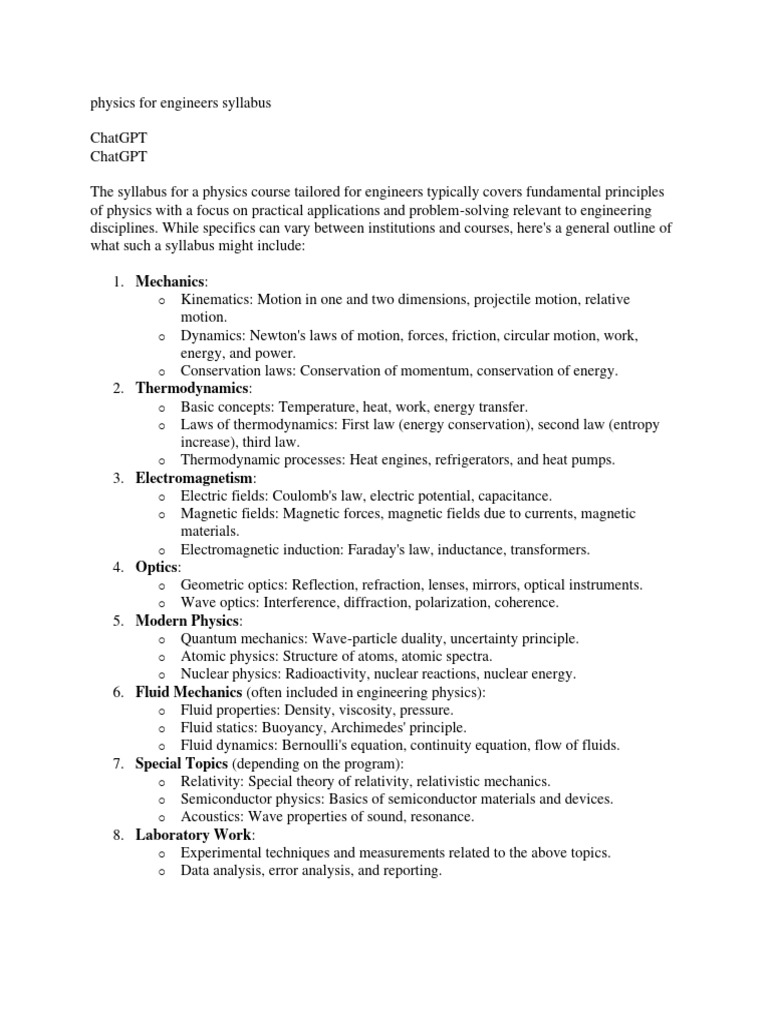 Physics Syllabus for Engineering Students | PDF | Physics | Fluid Dynamics