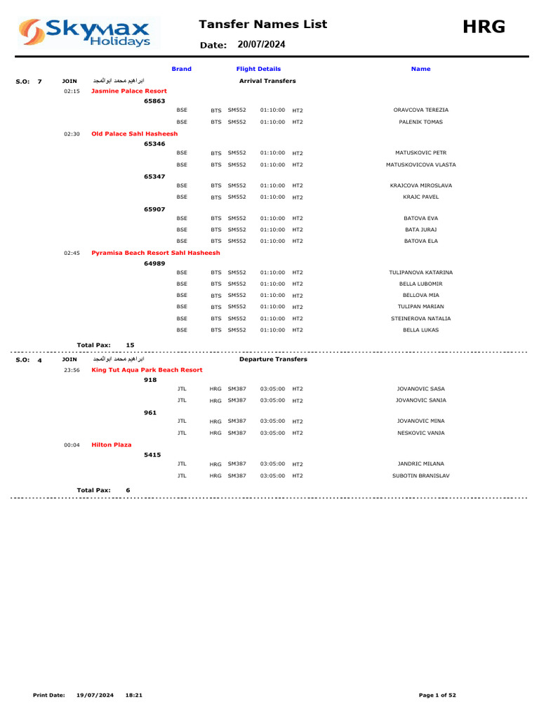 Sky Arr & Dep Names 20.7.2024 | PDF