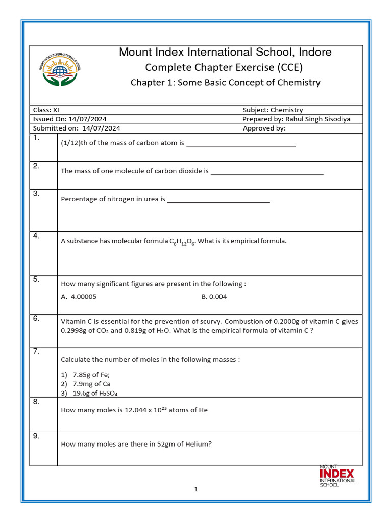11th Chapter 1 Worksheet | PDF
