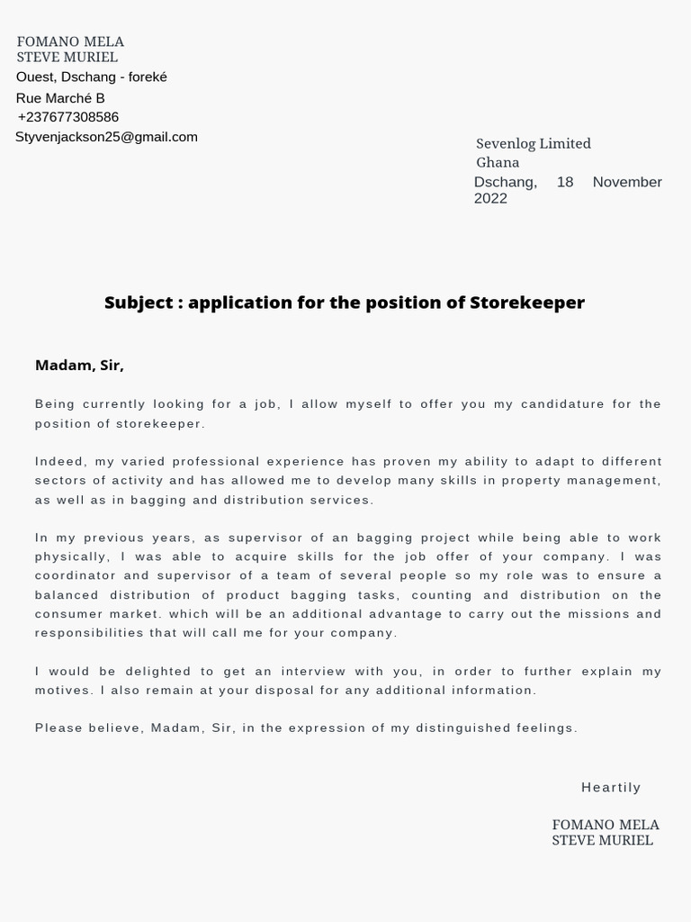 Storekeeper Job Application Letter | PDF