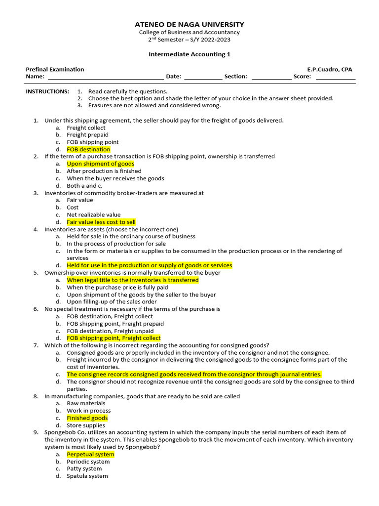 Prefinal Exam With Answers | PDF | Cost Of Goods Sold | Inventory