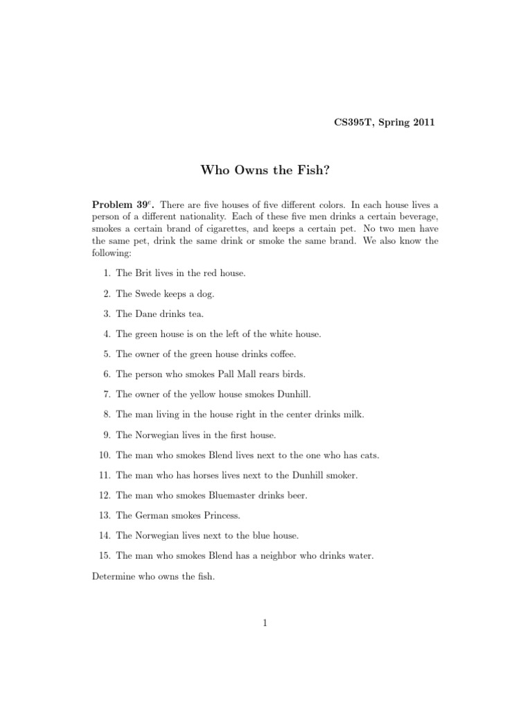 Who Owns the Fish? Logic Puzzle | PDF