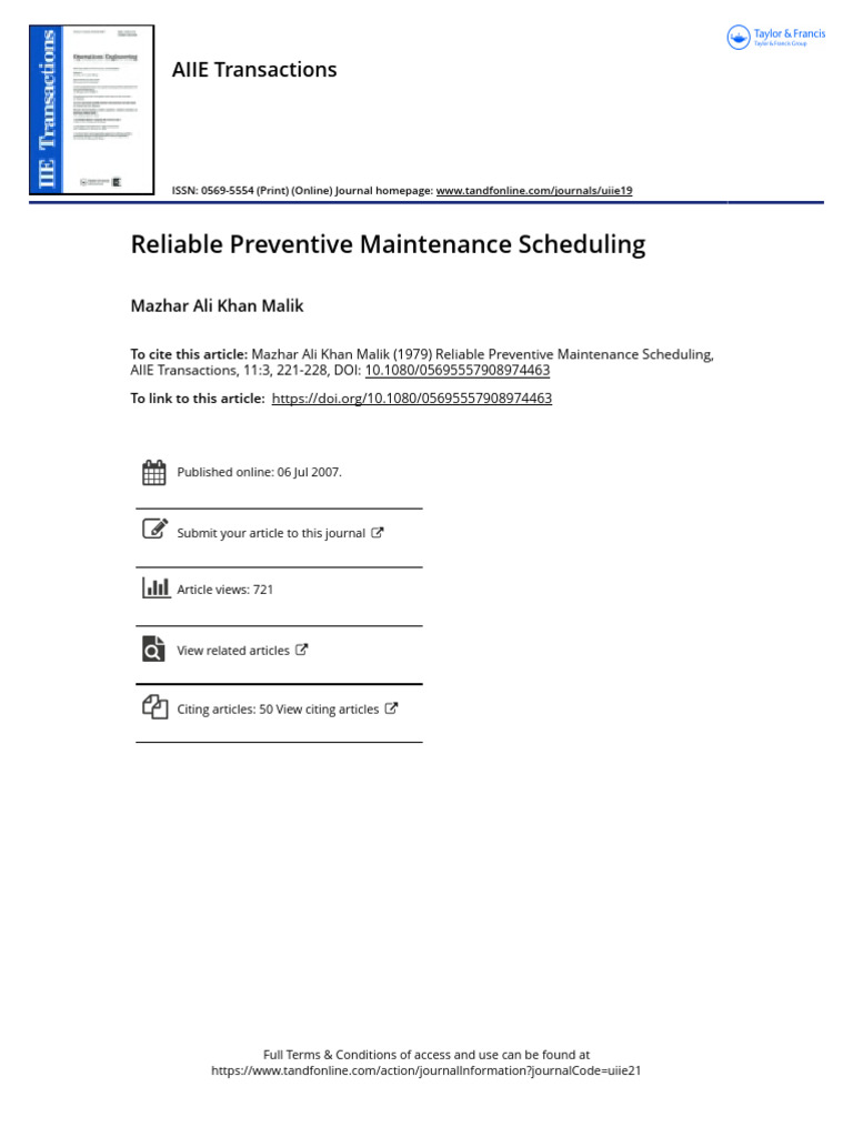 1978-MALIK - Reliable Preventive Maintenance Scheduling | PDF | Reliability Engineering ...