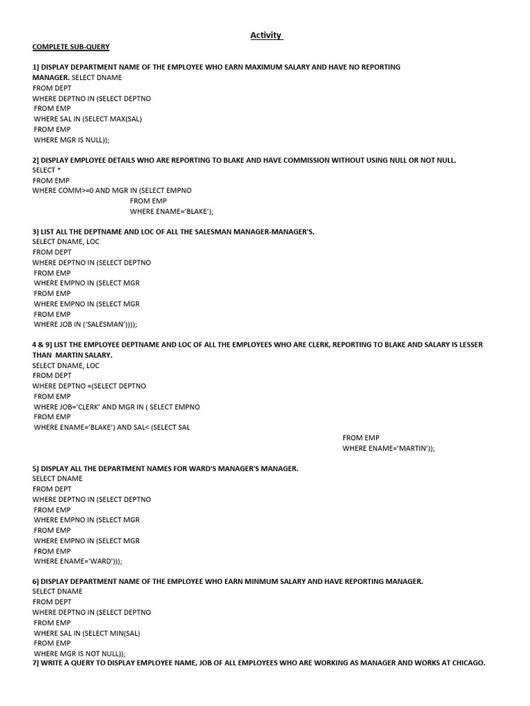 Activity SUB QUERY, NESTED QUERY | PDF | Salary | Business