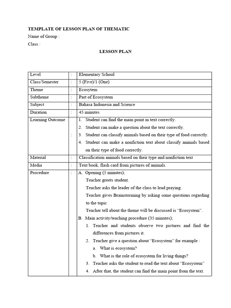 Sample Lesson Plan Thematic | PDF | Lesson Plan | Ecosystem