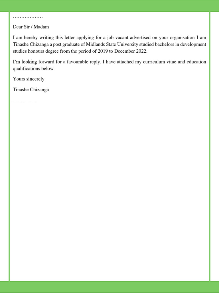 Tinashe Chizanga: Job Application | PDF