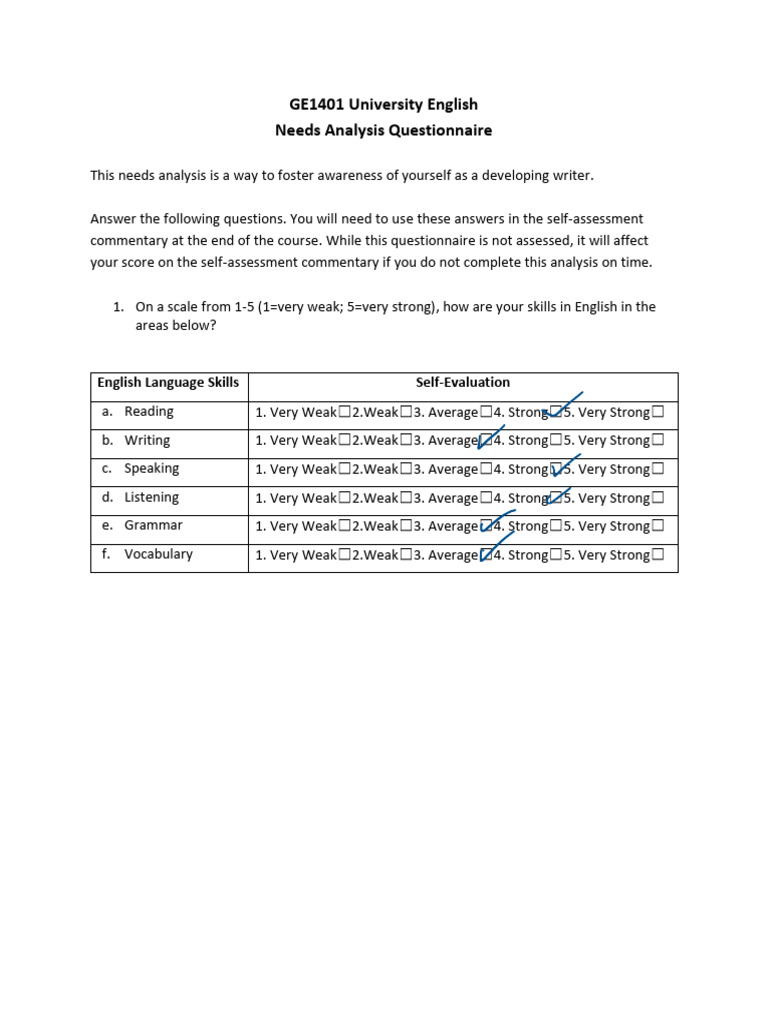 GE1401+Needs+Analysis+Questionnaire - 複本 | PDF | English Language ...