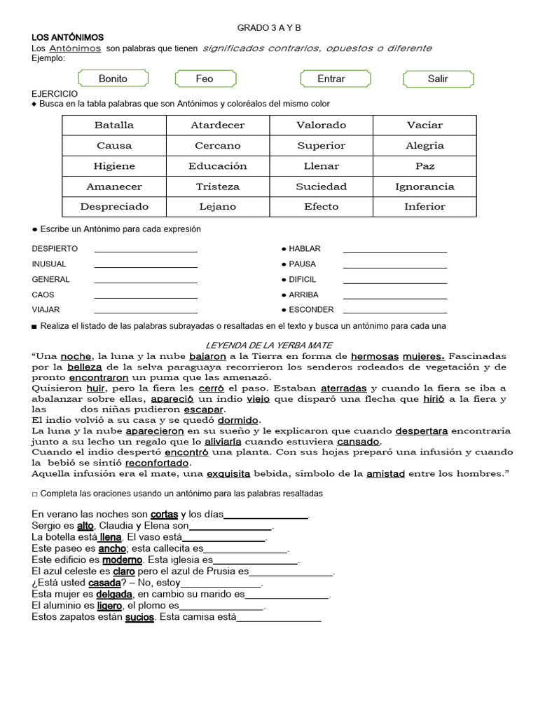 Antónimos para Niños de Grado 3 | PDF