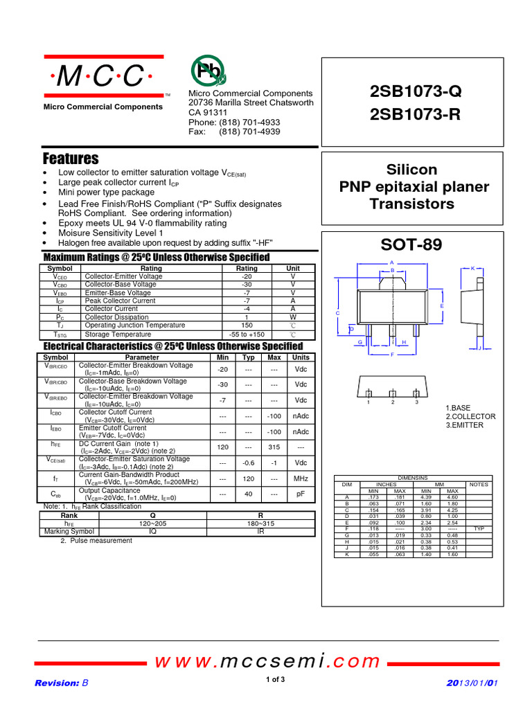 2sb1073 MCC | PDF | Bipolar Junction Transistor | Electronic Engineering