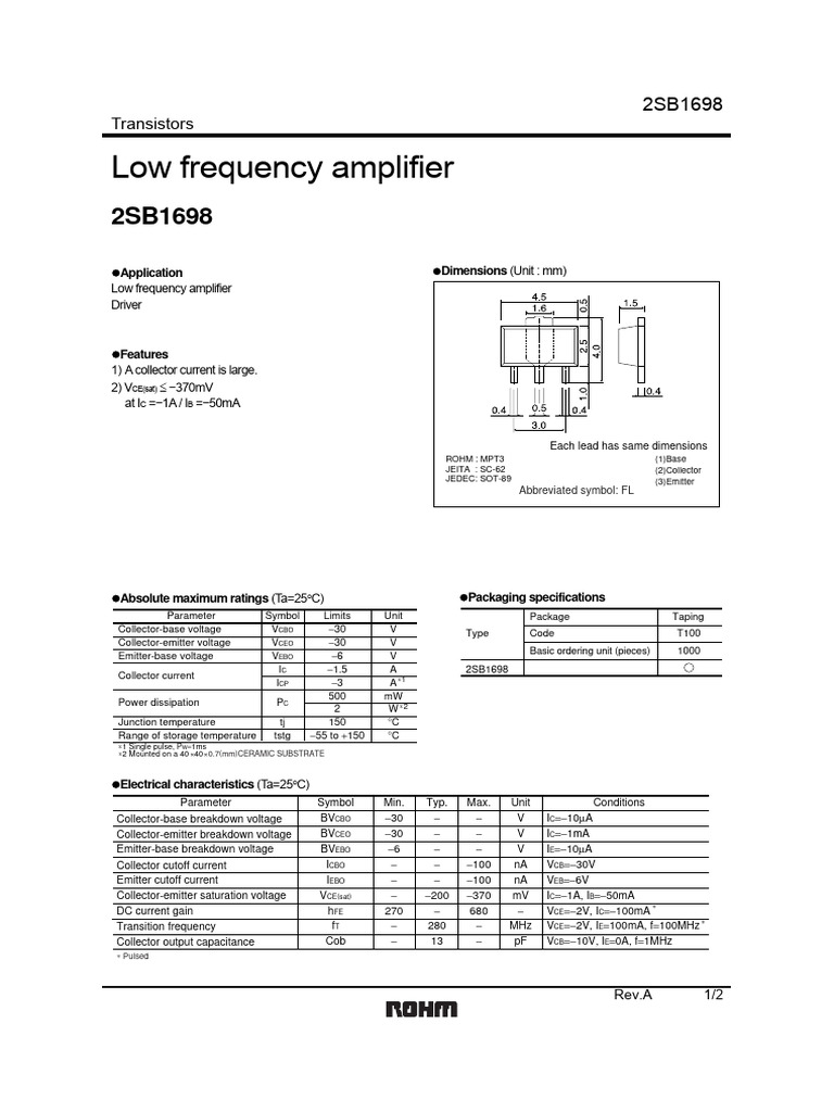 2sb1698 Rohm | PDF | Bipolar Junction Transistor | Electricity