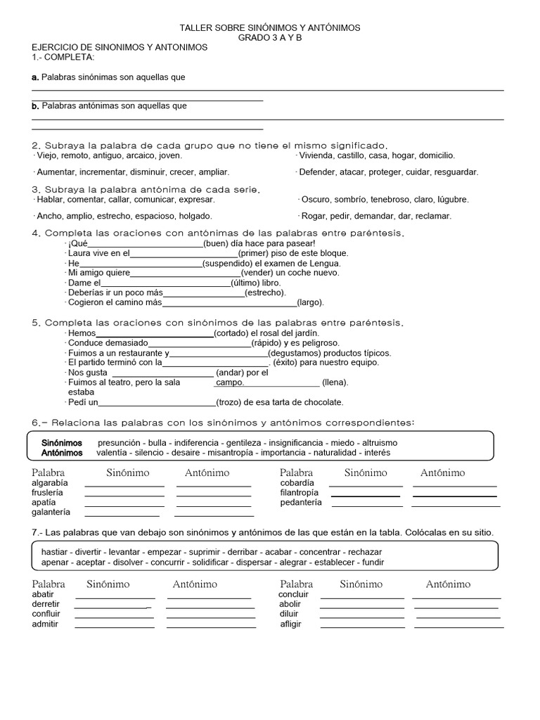 Taller de Sinónimos y Antónimos 3° grado | PDF