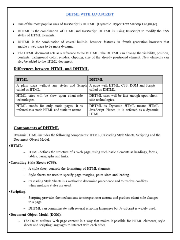 DHTML With Javascript | PDF | Dynamic Html | Html
