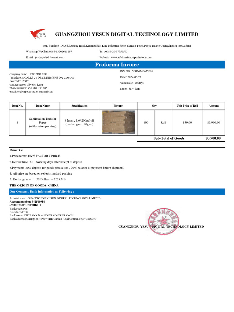 Sublimation Transfer Paper Invoice | PDF | Money | Service Industries