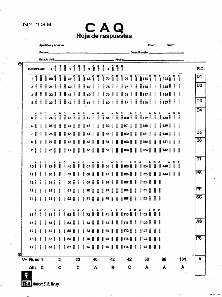 Hoja de Respuestas Test CAQ PDF | PDF