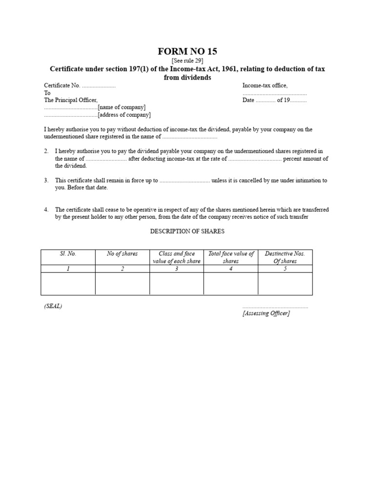 Form NO 15 Certificate Under Section 197 (1) of The Income-Tax Act ...
