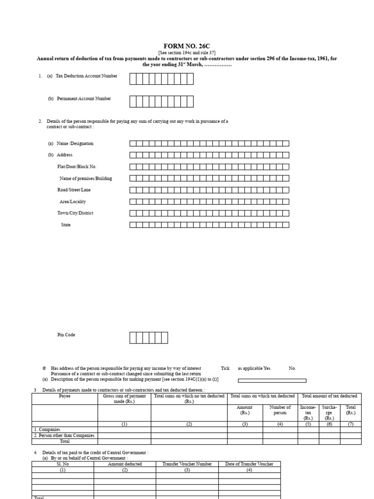 Form NO 26 C Annual Return of Deduction of Tax From Payments Made To ...