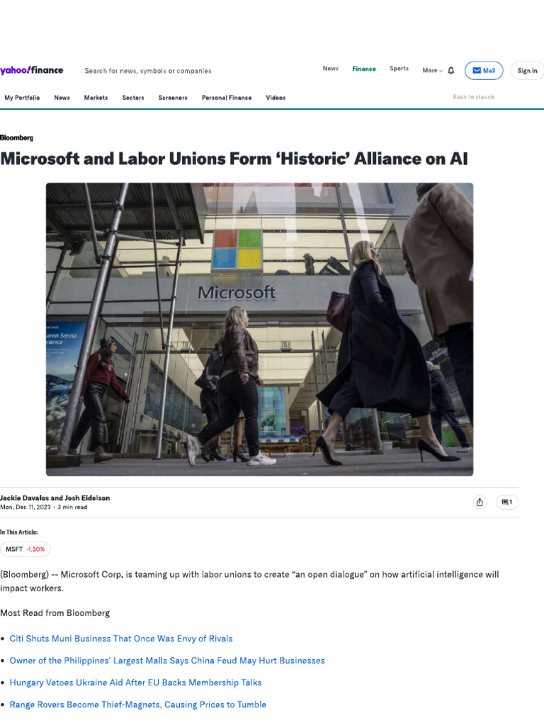 Microsoft and Labor Unions Form Historic' Alliance On AI | PDF