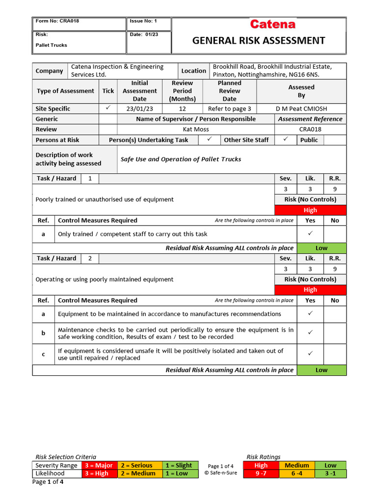 CRA018 Pallet Truck Issue 1 | PDF | Risk | Risk Assessment
