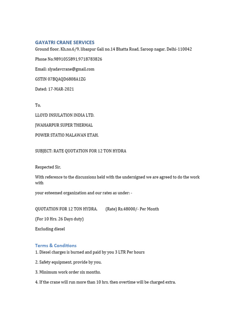 Gayatri Crane Service Rate Quotation | PDF | Finance & Money Management ...