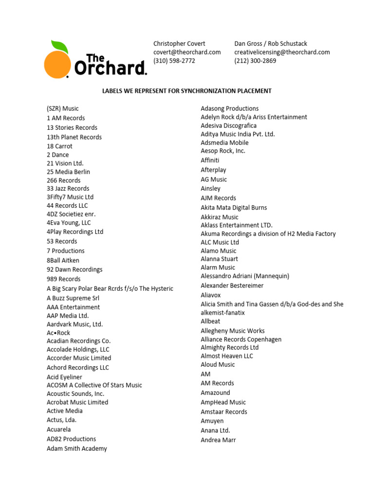 The Orchard's Represented Labels | PDF | Art