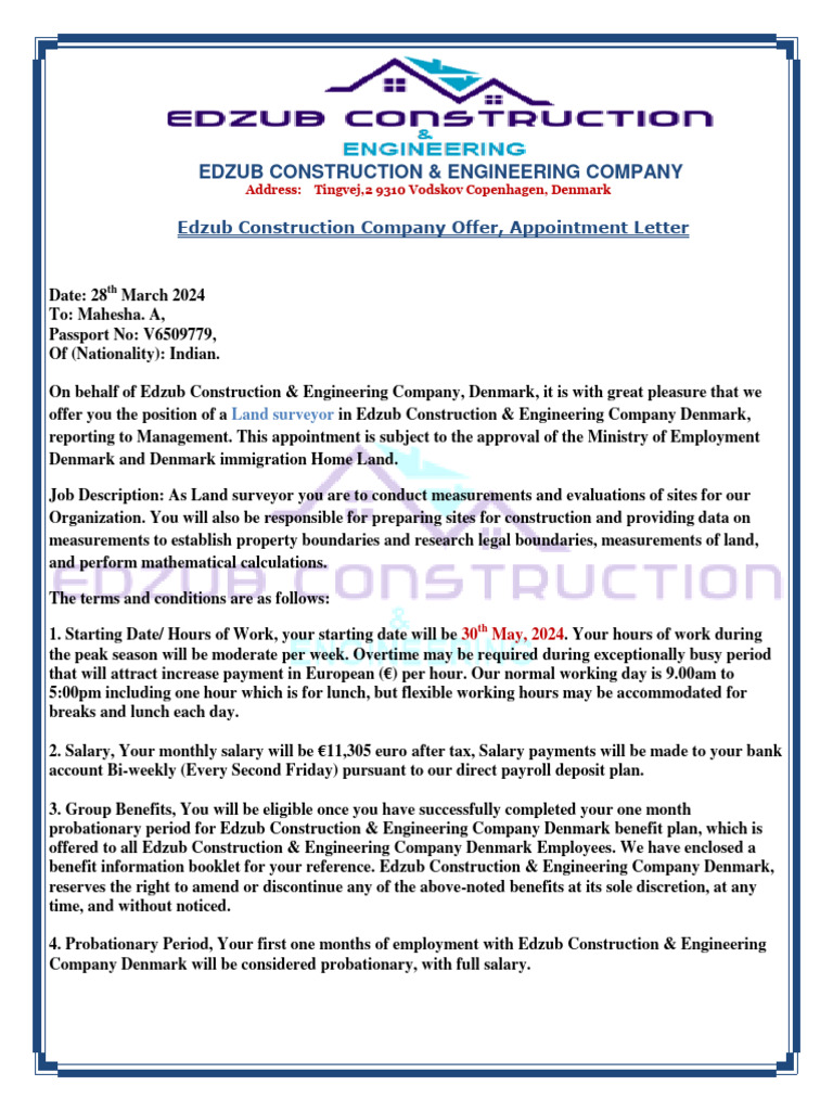 Edzub Construction & Engineering Company, Appointment Letter | PDF ...
