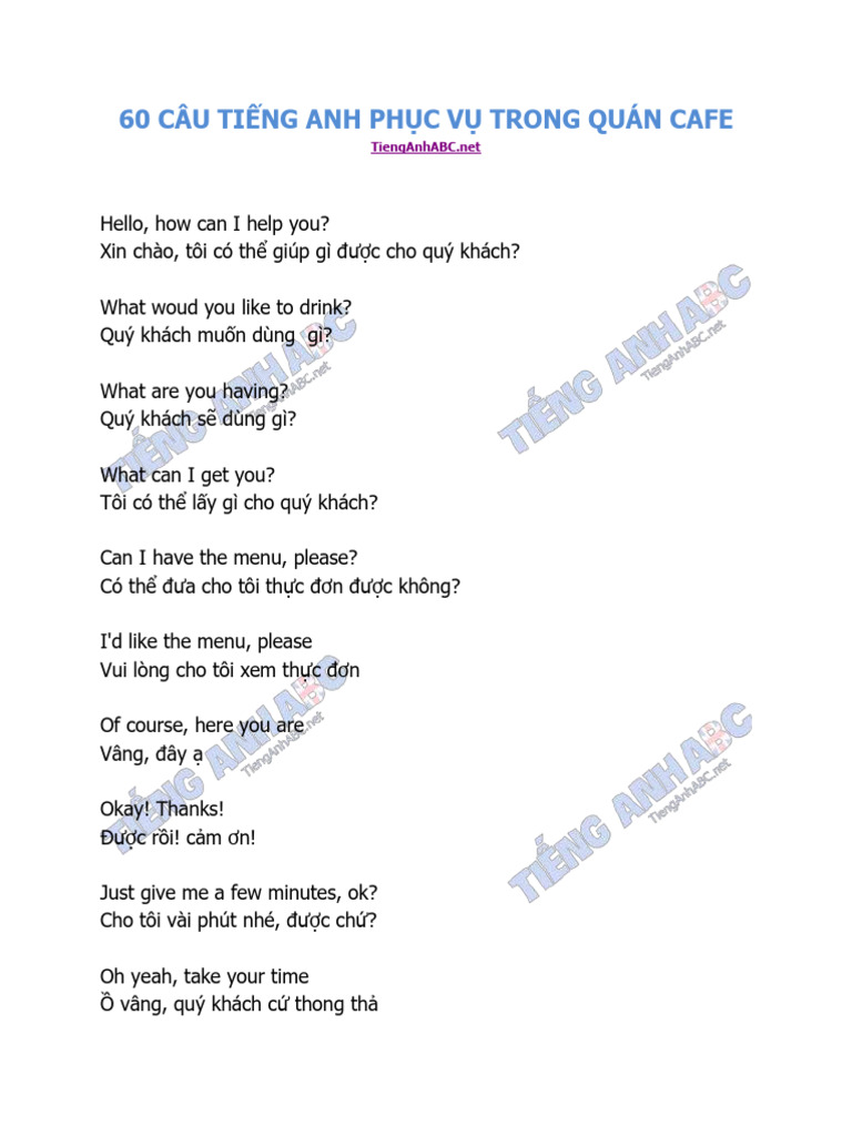 60 Cau Tieng Anh Phuc Vu Quan Cafe | PDF