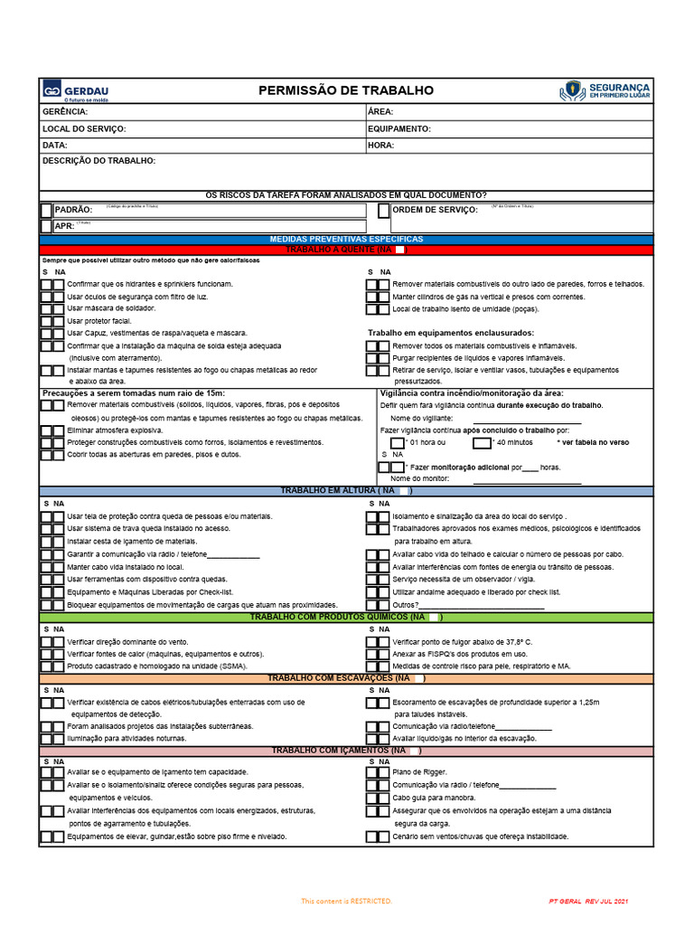 PT Permissão de Trabalho Modelo | PDF | Incêndios | Natureza