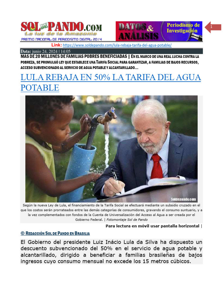Lula Rebaja Tarifa Del Agua Potable | PDF | Luiz Inácio Lula Da Silva | Brasil