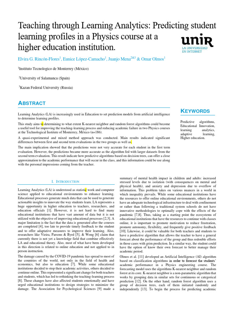 Teaching Through Learning Analytics. Predicting Student Learning ... Teaching Through Learning Analytics. Predicting Student Learning ...