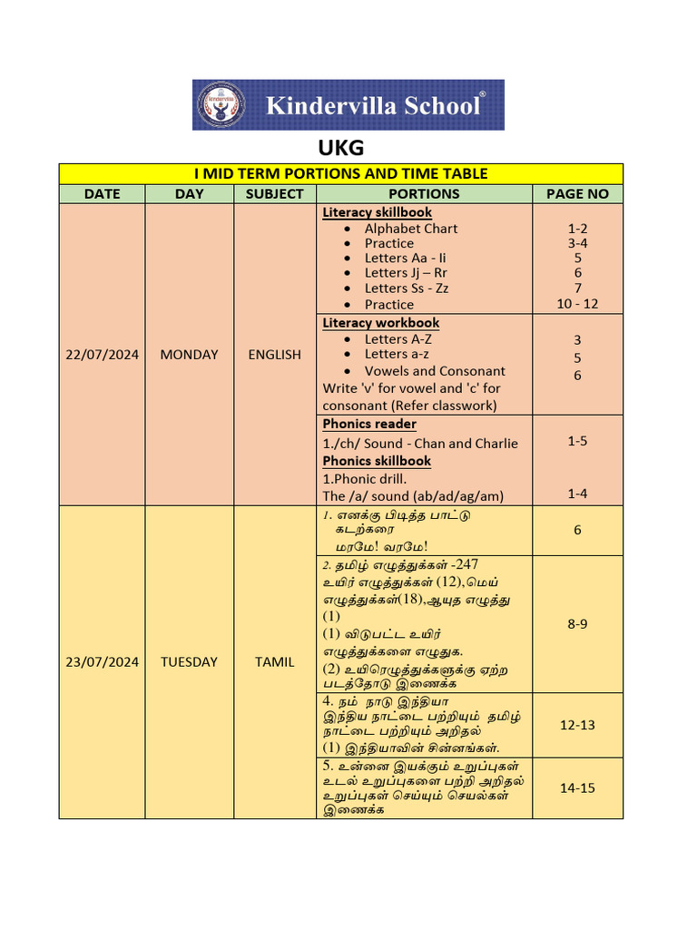 Ukg - Portions and Time Table-2 | PDF