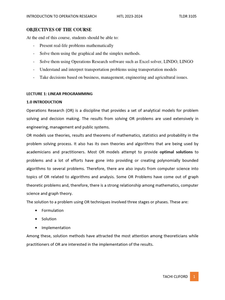 Or Lecture Notes 2023-2024 Hitl | PDF | Mathematical Optimization ...