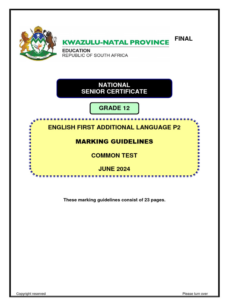 English Fal p2 June 2024 Grade 12 Memo (1) (Final) - 010704 | PDF ...