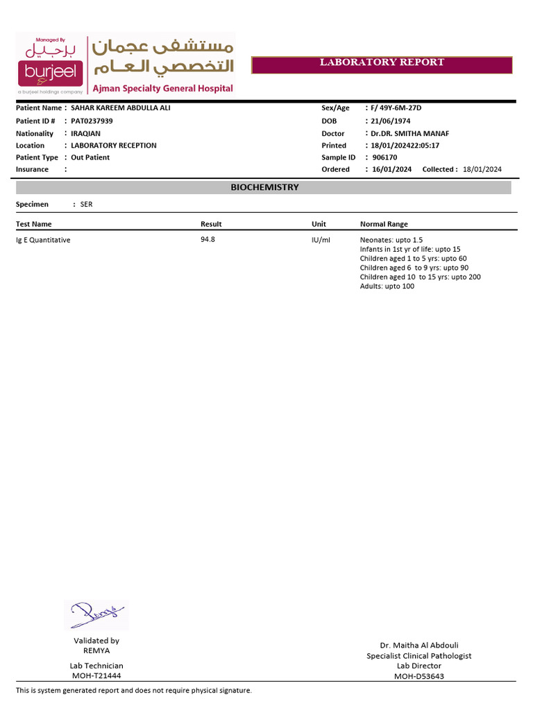 Biochemistry Lab Report for Patient SAHAR | PDF