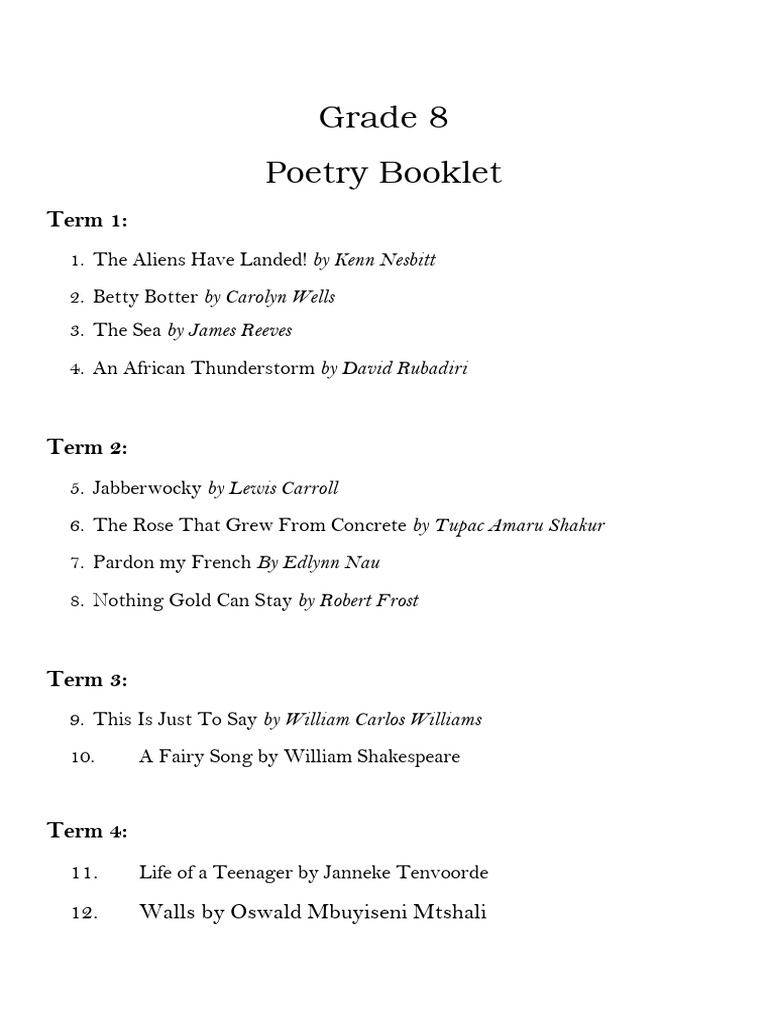 Grade 8 Poetry 2021 | PDF