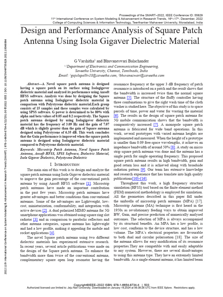 Design and Performance Analysis of Square Patch Antenna Using Isola Gigaver Diel | Download Free ...