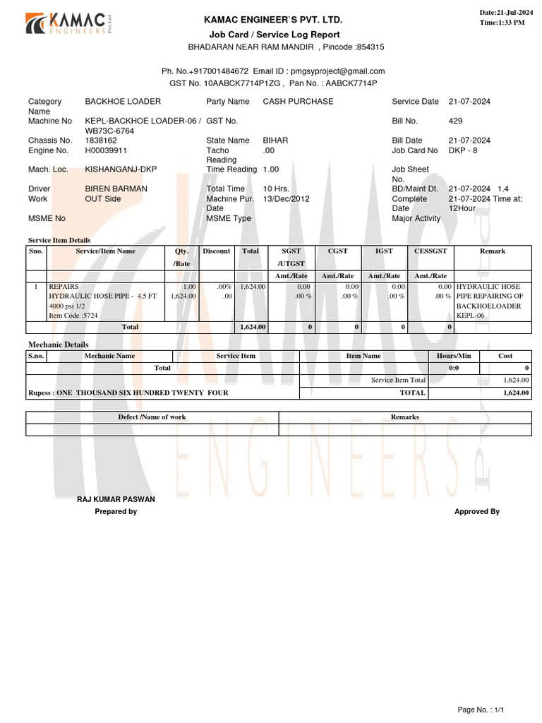 Job Card of Backhoe Loader Kepl-06 | PDF | Construction Equipment ...