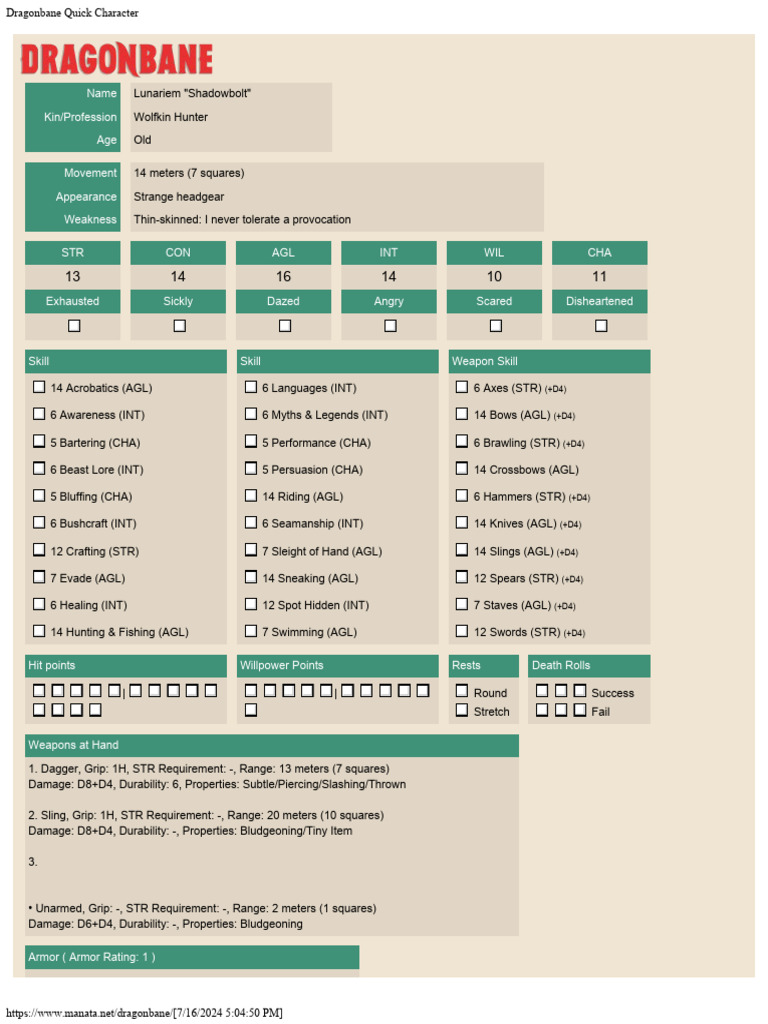 Dragonbane Quick Character18 | PDF