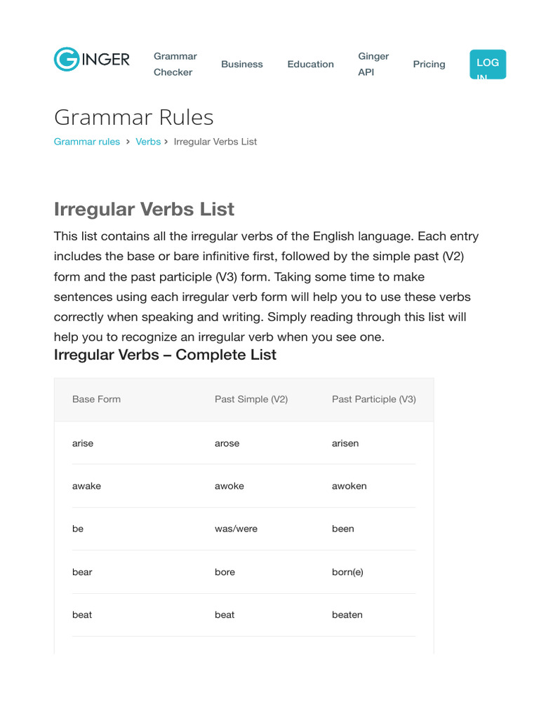 English Grammar Rules - Irregular Verbs List | PDF | Linguistics | Grammar