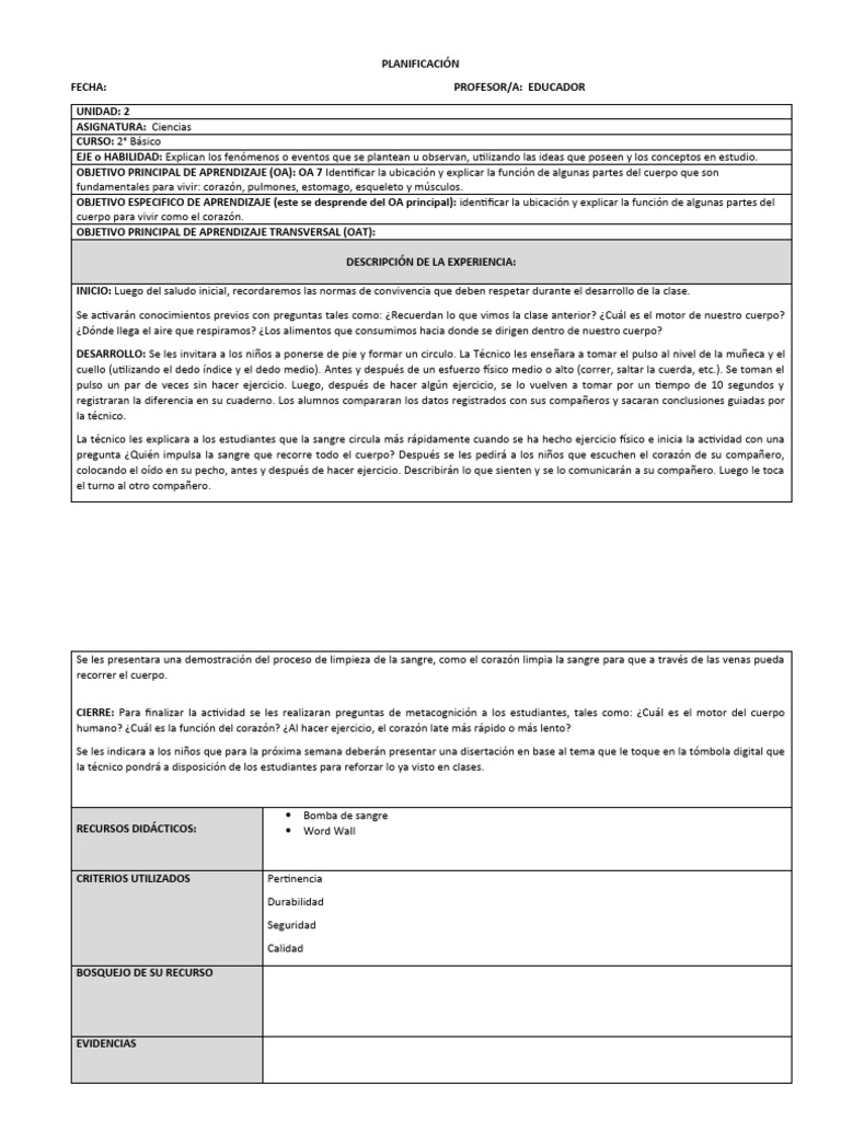 Planificación de Recurso Didactico Efc | PDF | Corazón | Aprendizaje