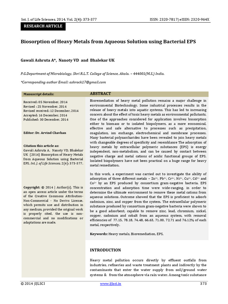 Ashruta Et Al., 2014 Biosorption of Heavy Metals From Aqueous Solution ...